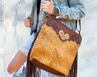 Genuine Cowhide and Tooled Leather Crossbody Purse | Etsy