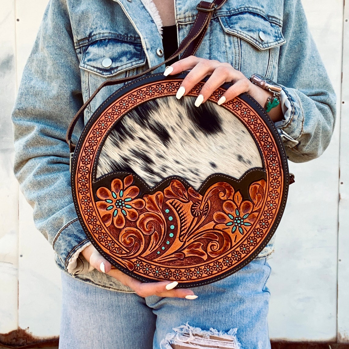 Genuine Cowhide and Tooled Leather Crossbody Purse - Etsy