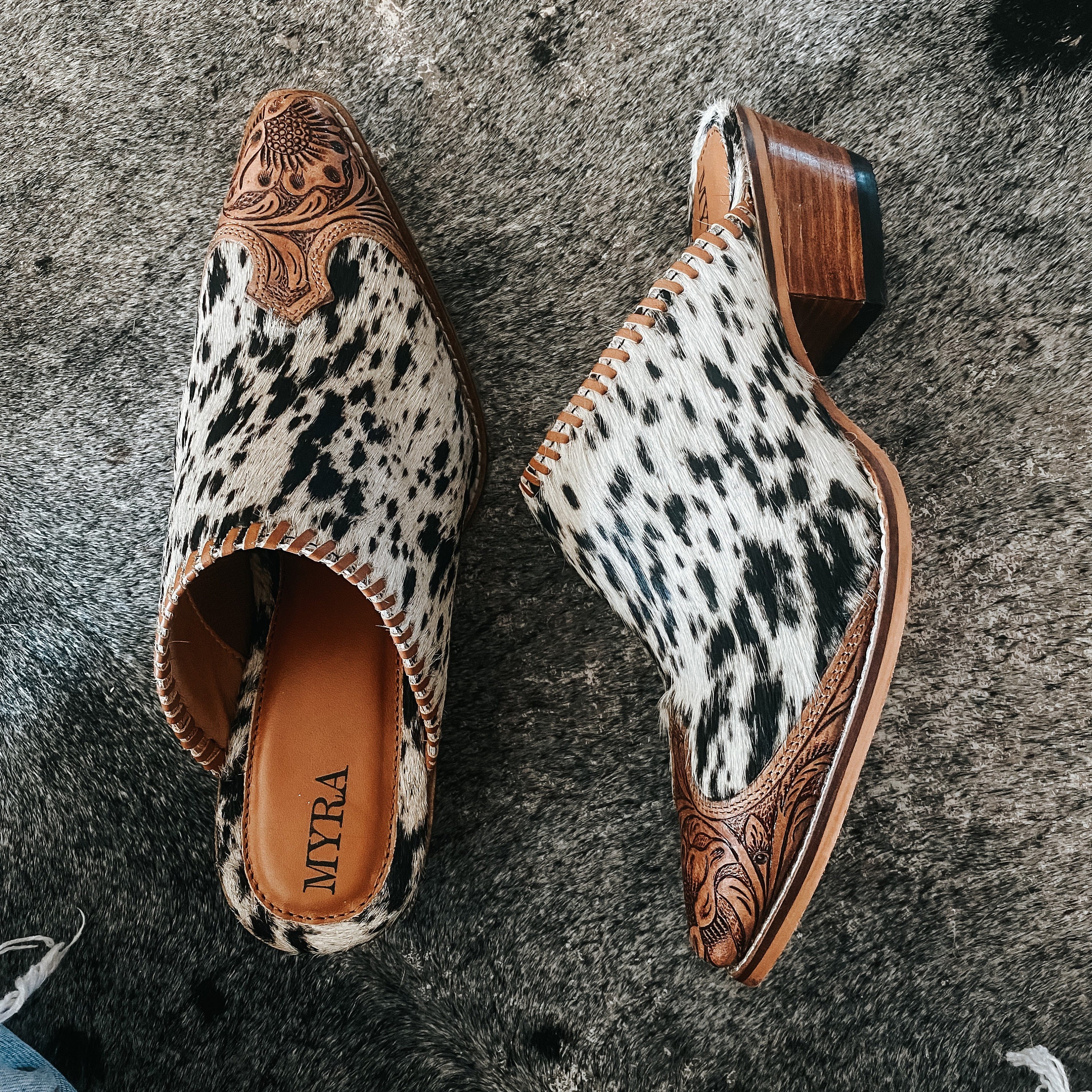 Western Leather Tooled Mules With Cowhide - Etsy