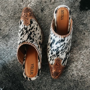 Western Leather Tooled Mules With Cowhide - Etsy