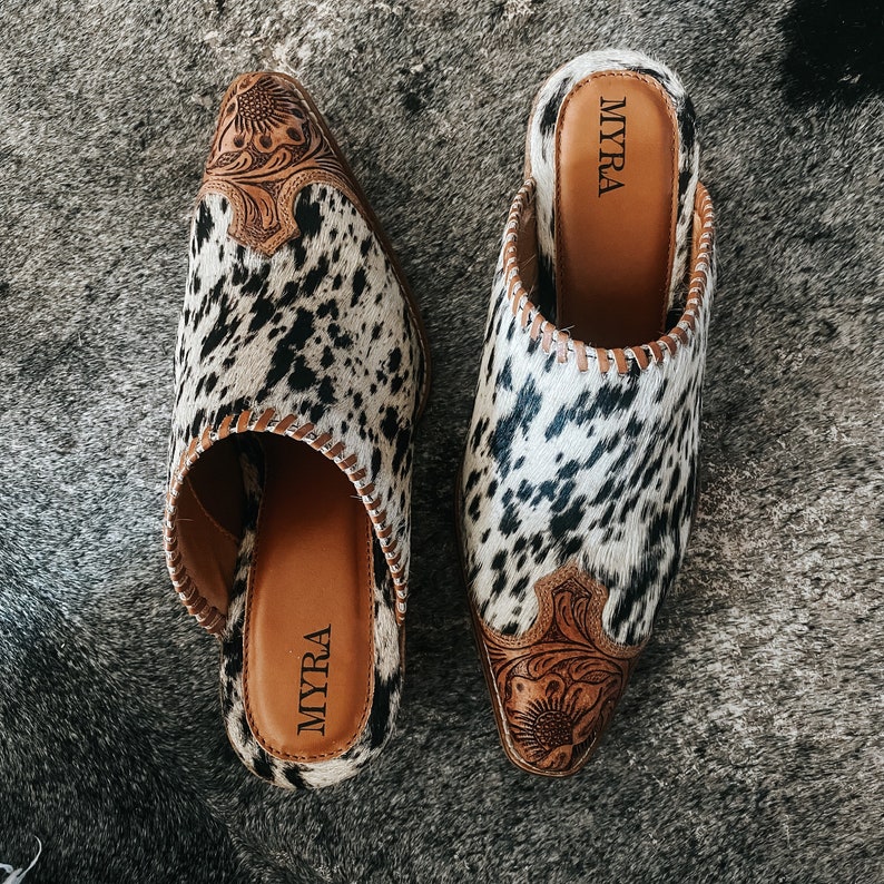 Western Leather Tooled Mules With Cowhide - Etsy