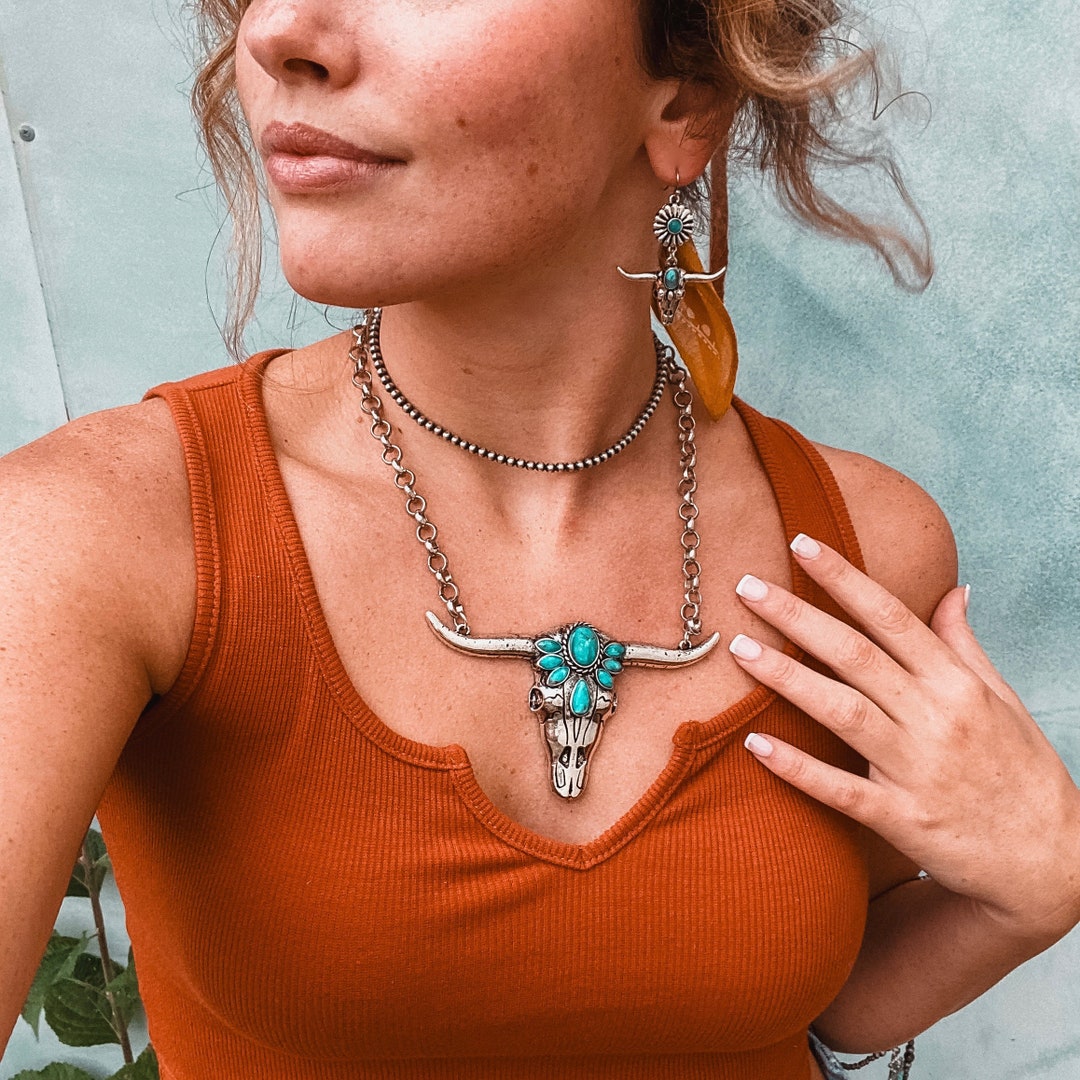 Turquoise Longhorn Necklace and Earring Set - Etsy
