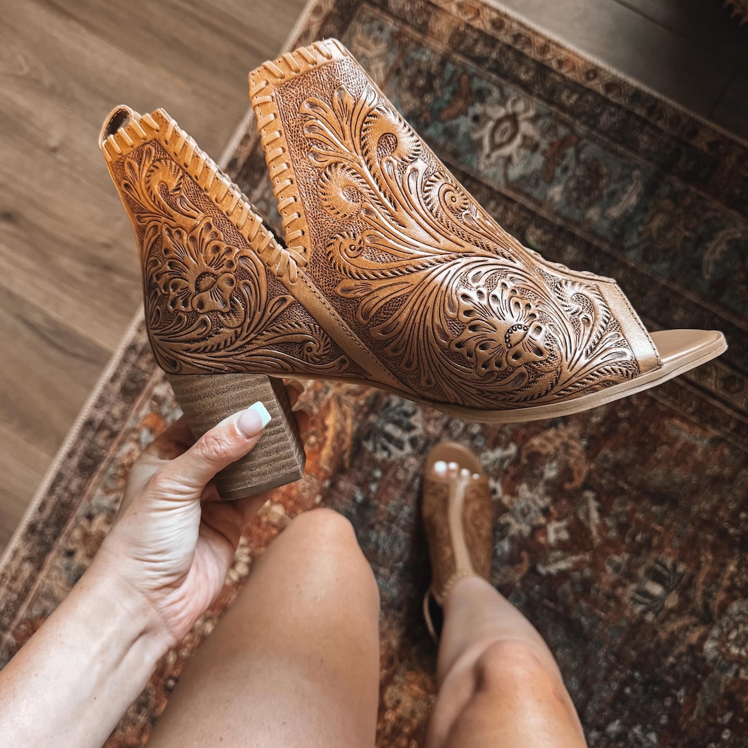 Western Genuine Leather Tooled Heels - Etsy