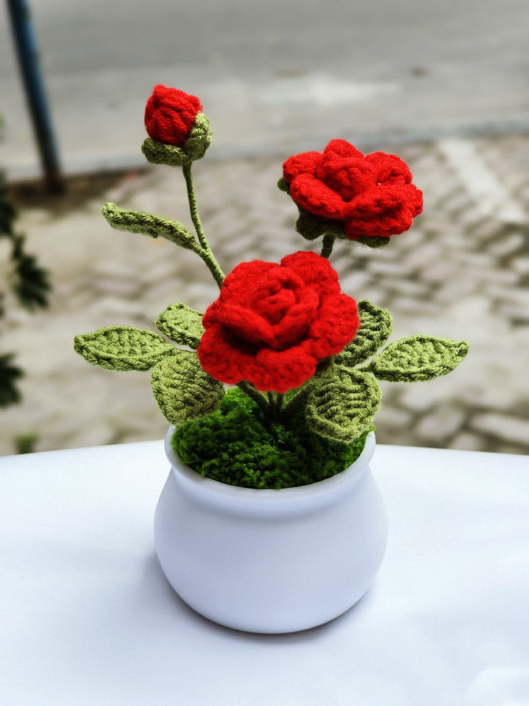 Mini Crochet Rose, Rose Potted, Handmade Knitted Flowers, Flower Home ...