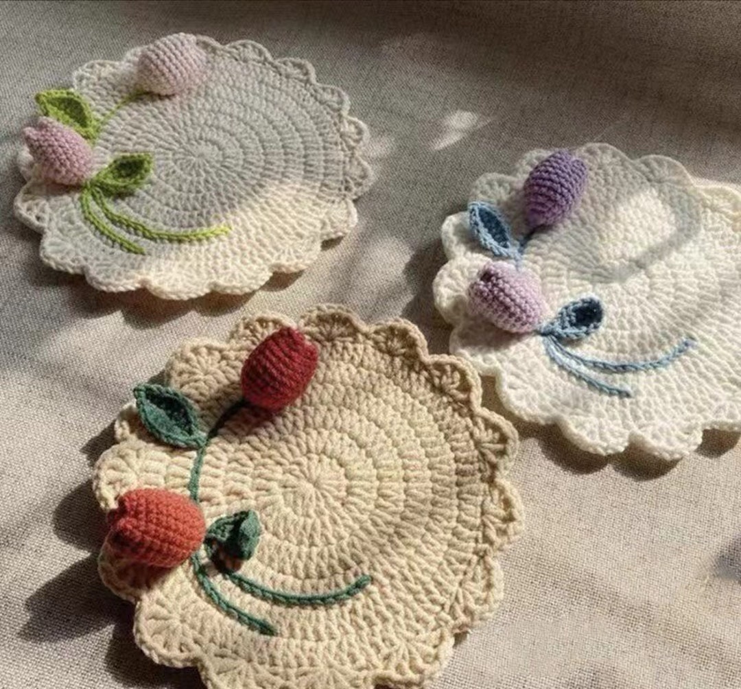 Crochet Tulip Coaster, Multi Colors Tulip Coaster, Handmade Coaster ...