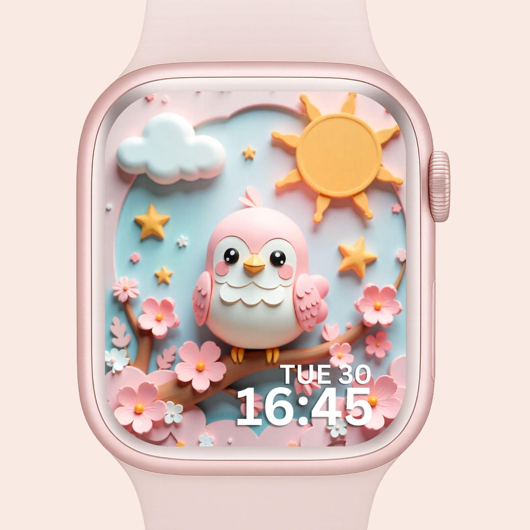 Apple Watch Wallpaper 3D Kawaii Style Bird, Pastel Color Robin Bird ...