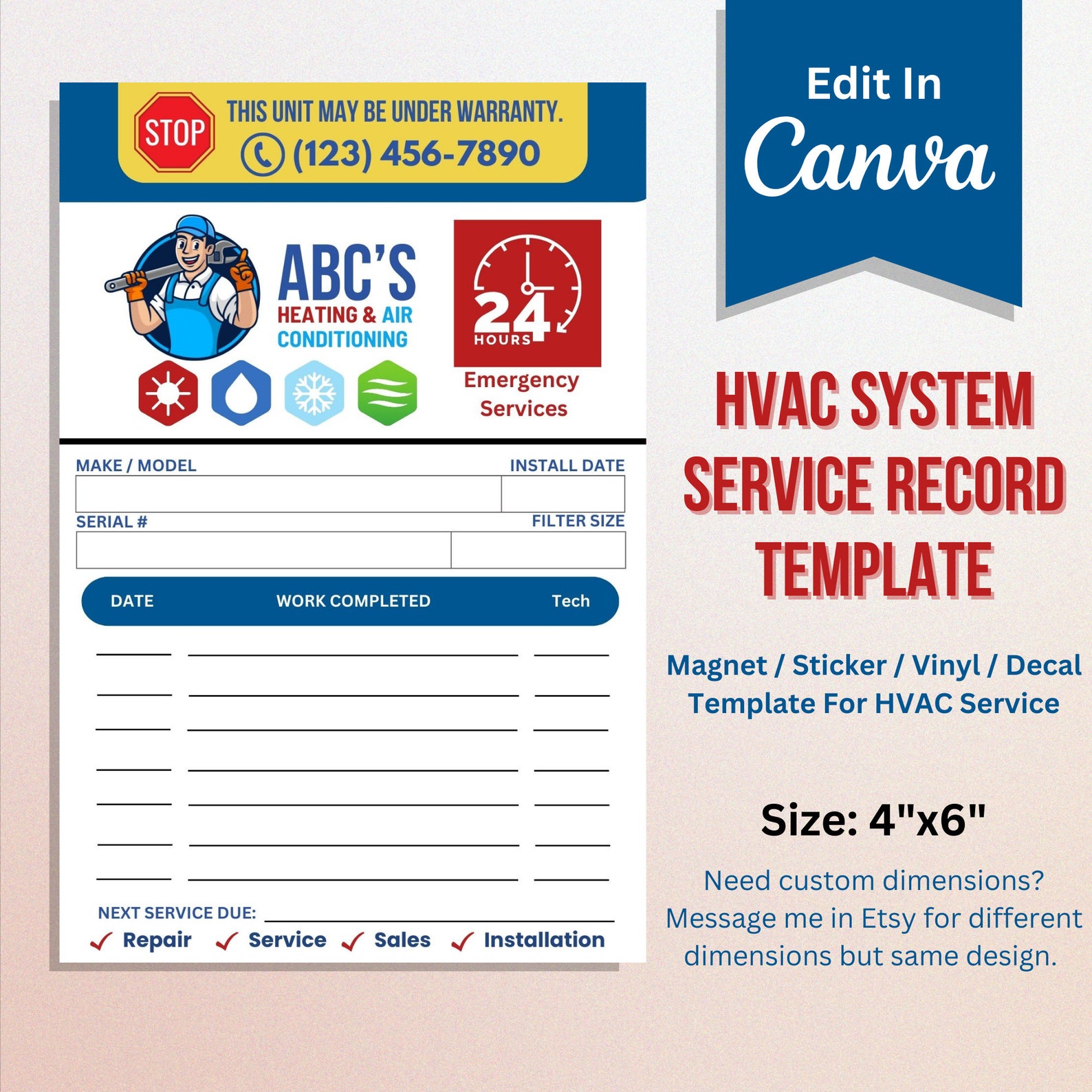 HVAC Service Record Canva Template | Decal/magnet/sticker/vinyl ...