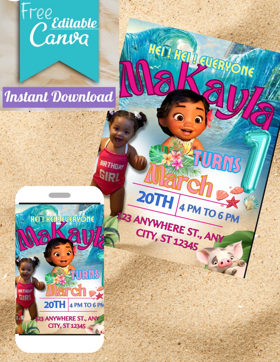 Editable Moana Birthday Invitation | Moana Theme Party Invitation ...