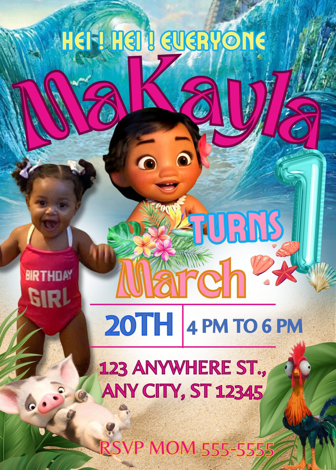 Editable Moana Birthday Invitation | Moana Theme Party Invitation ...