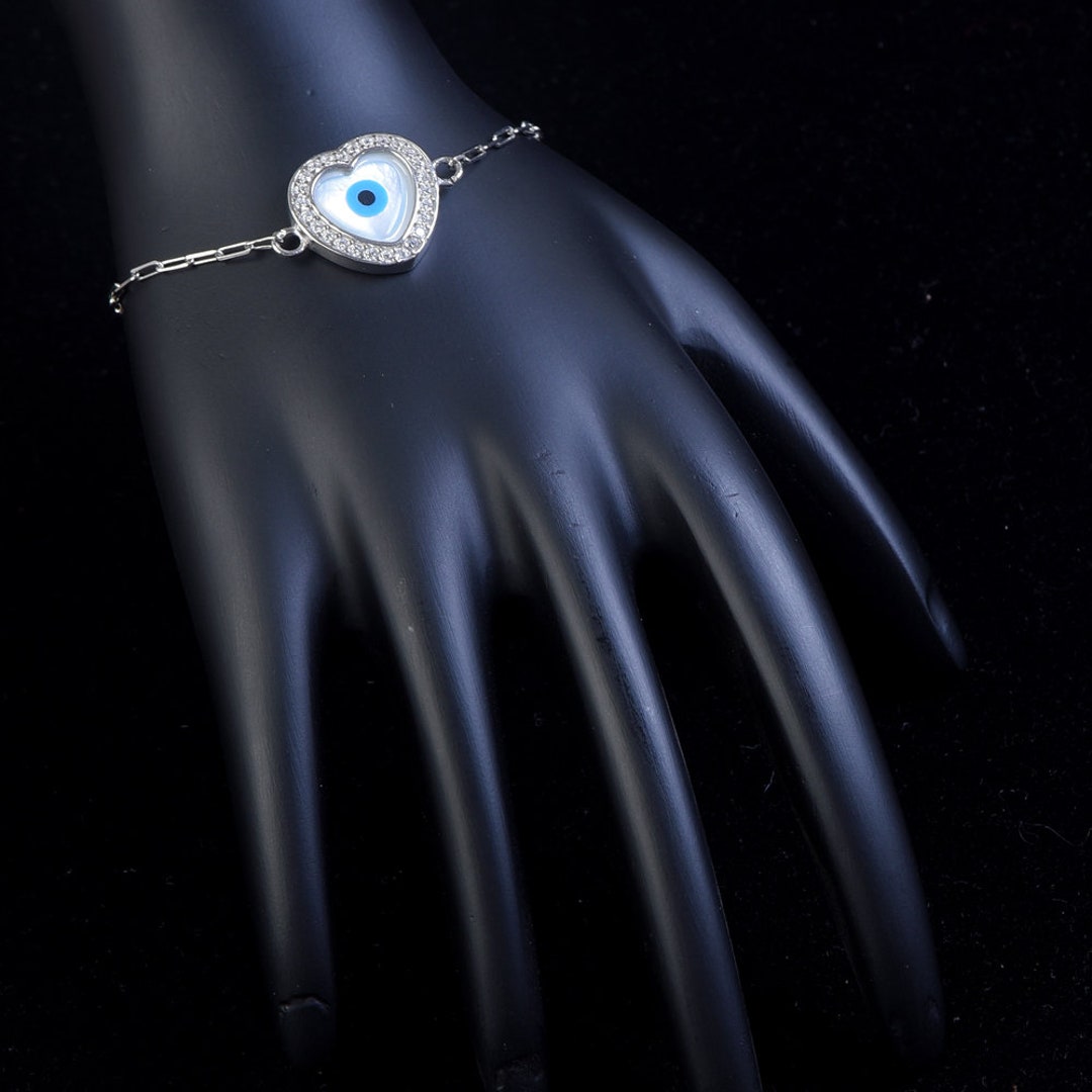 Heart Shaped Evil Eye Blocker Cubic Zirconia Bracelet Sterling Silver ...