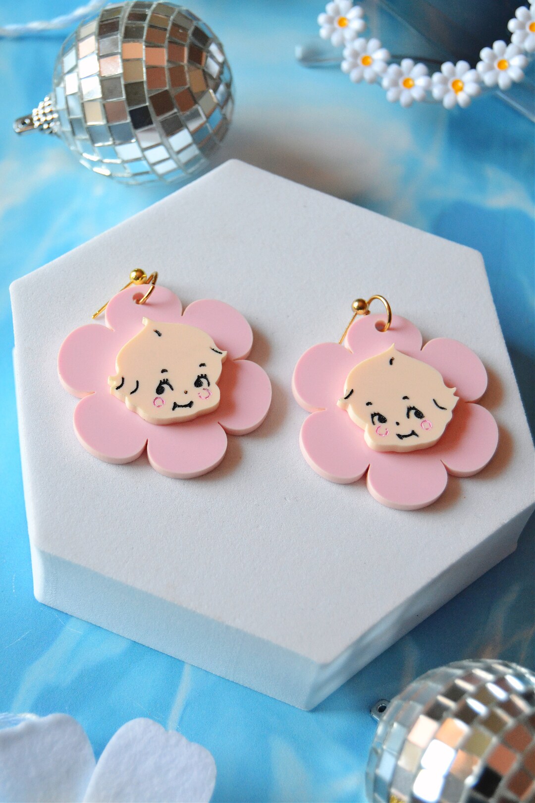 Acrylic Kewpie Doll Flower Power Daisy Retro Kitschy Cute Statement ...