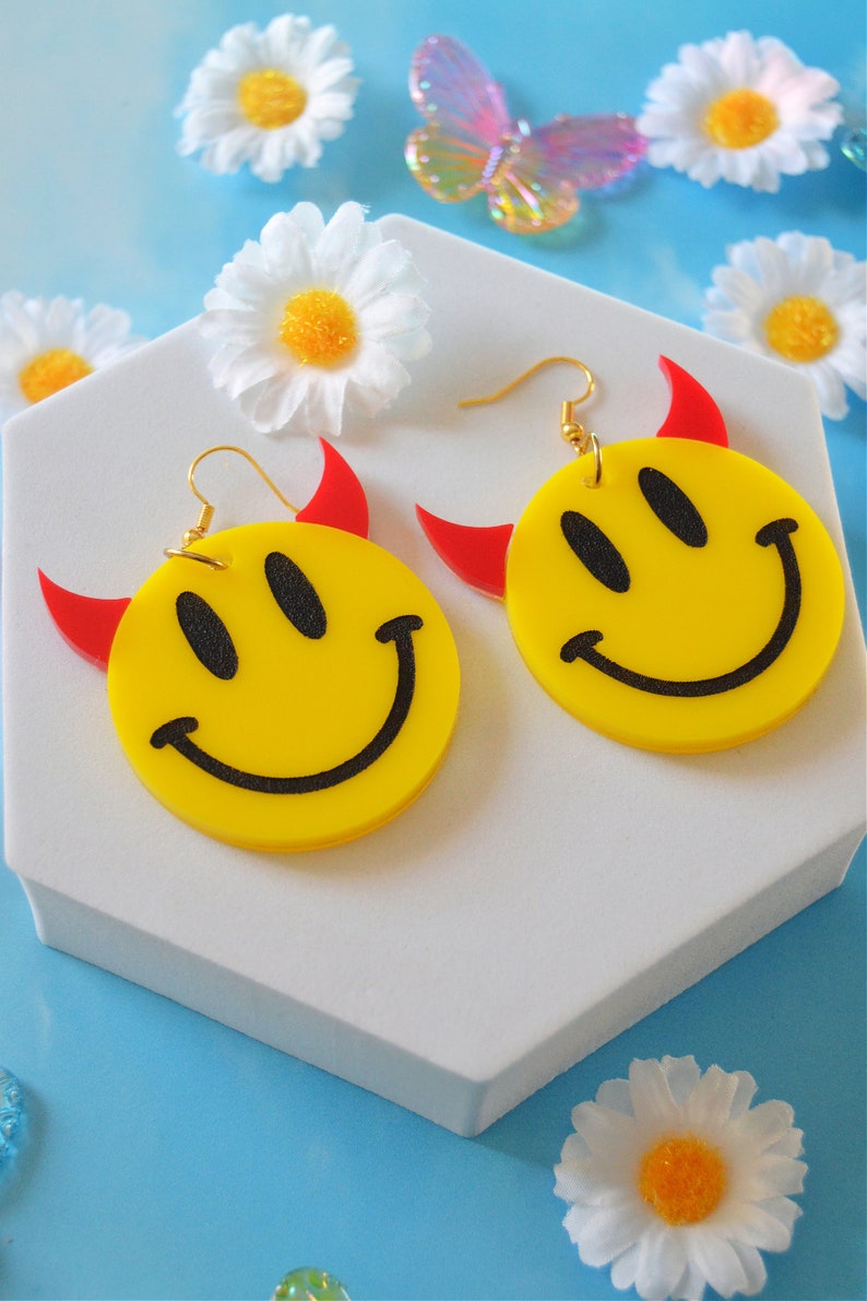 Acrylic Devil Smiley Happy Face 90s Y2K Baddie Statement - Etsy