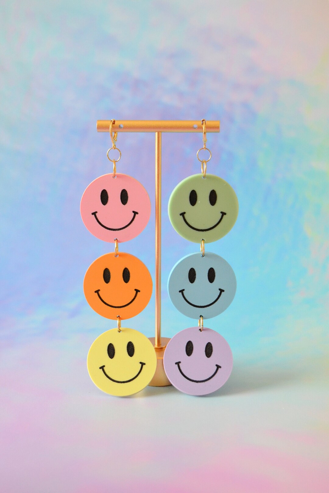 Acrylic Rainbow Pastel Ombre Smiley Happy Face Dangle Drop Statement ...