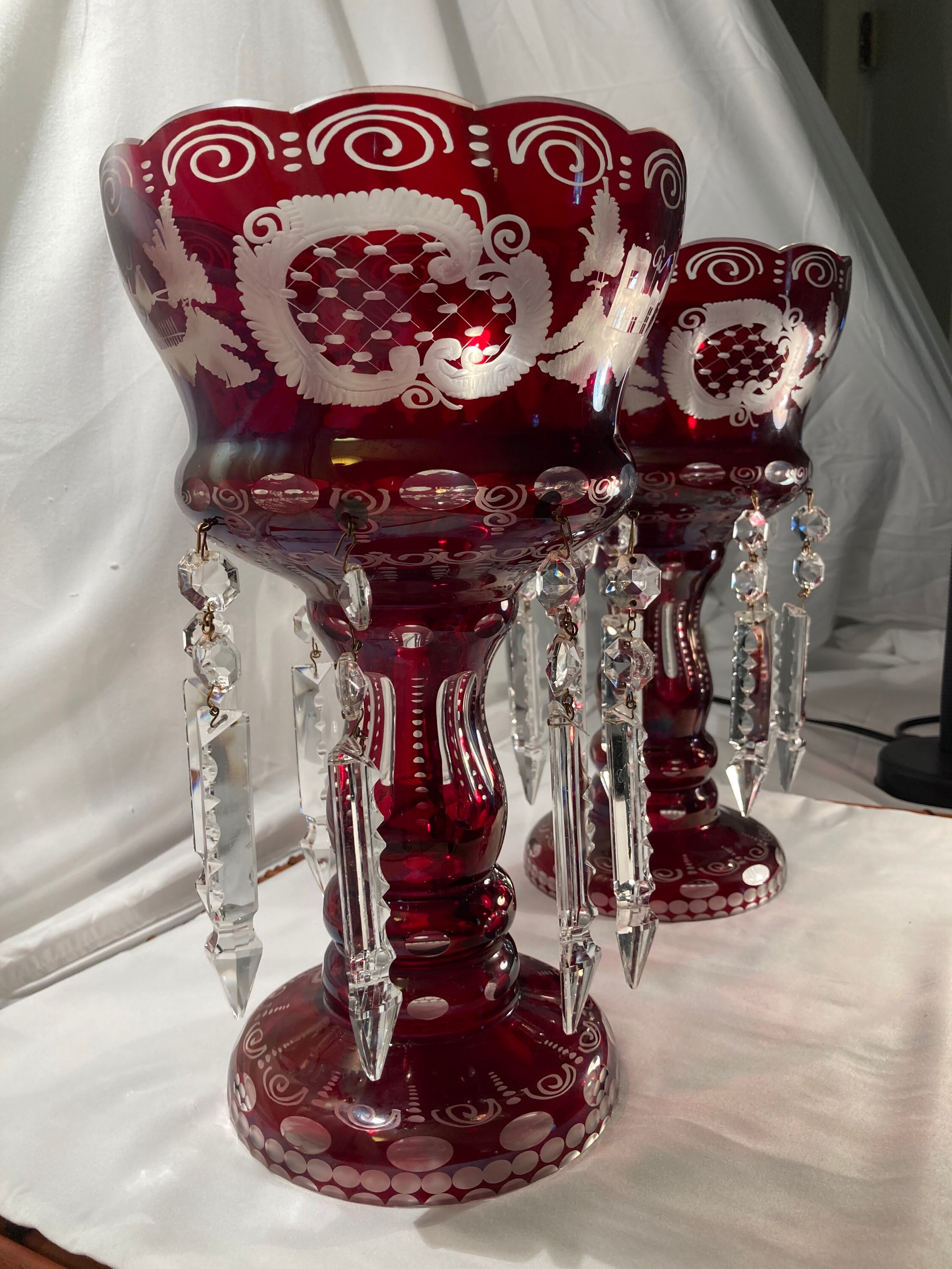 Bohemian Ruby Red Etched Glass Mantle Lusters. Set of 2. - Etsy