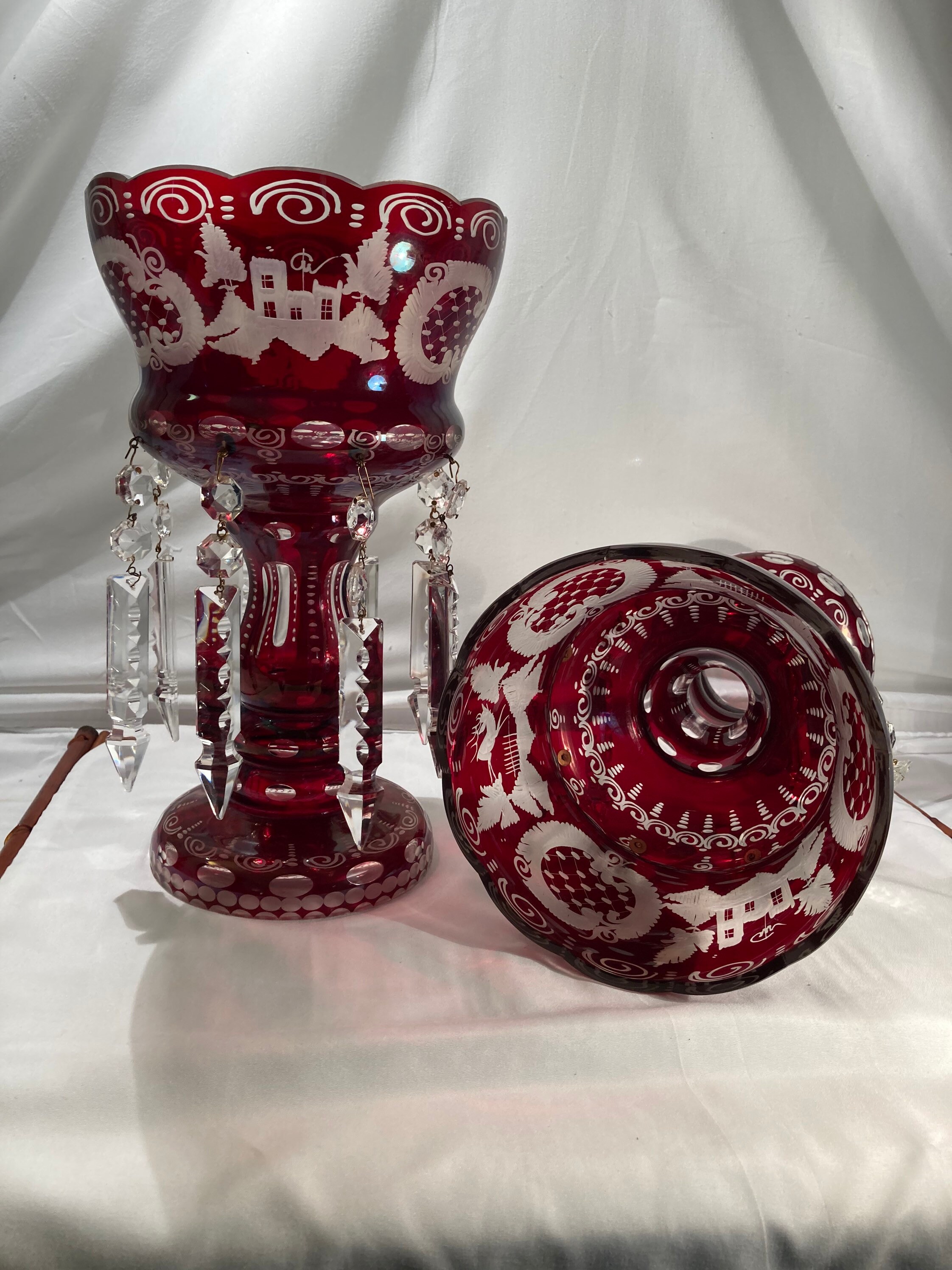 Bohemian Ruby Red Etched Glass Mantle Lusters. Set of 2. - Etsy