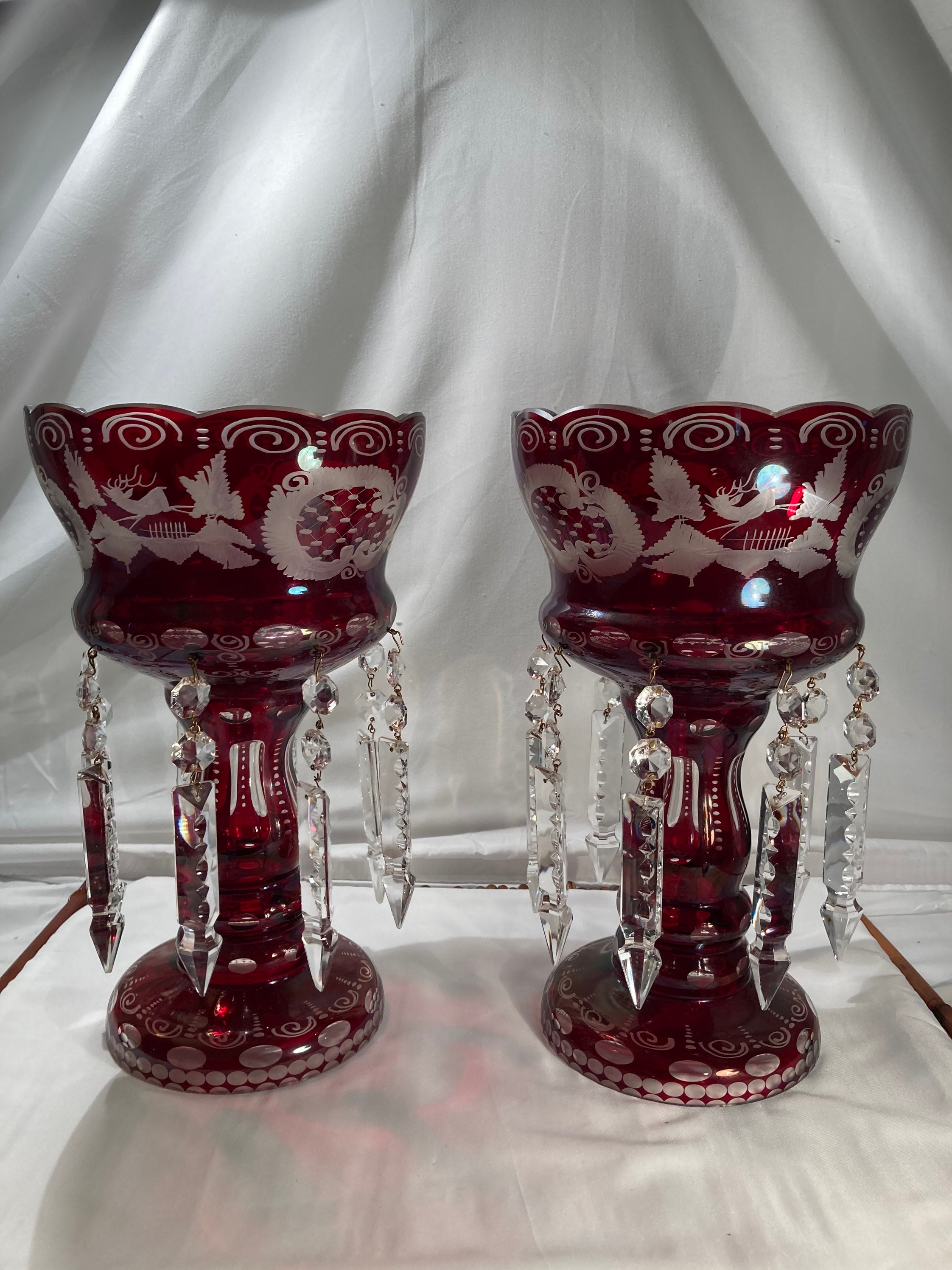Bohemian Ruby Red Etched Glass Mantle Lusters. Set of 2. - Etsy