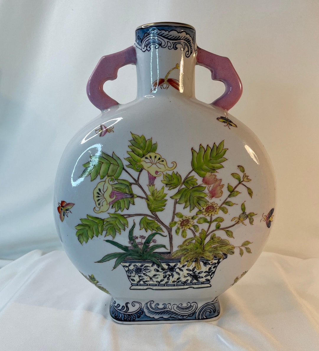 Large Porcelain Chinese Moon Flask Vase Butterfly Dragonfly, Hand ...