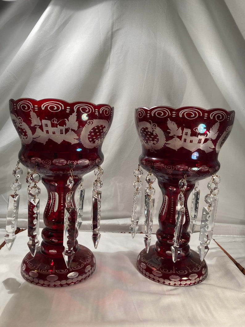 Bohemian Ruby Red Etched Glass Mantle Lusters. Set of 2. - Etsy