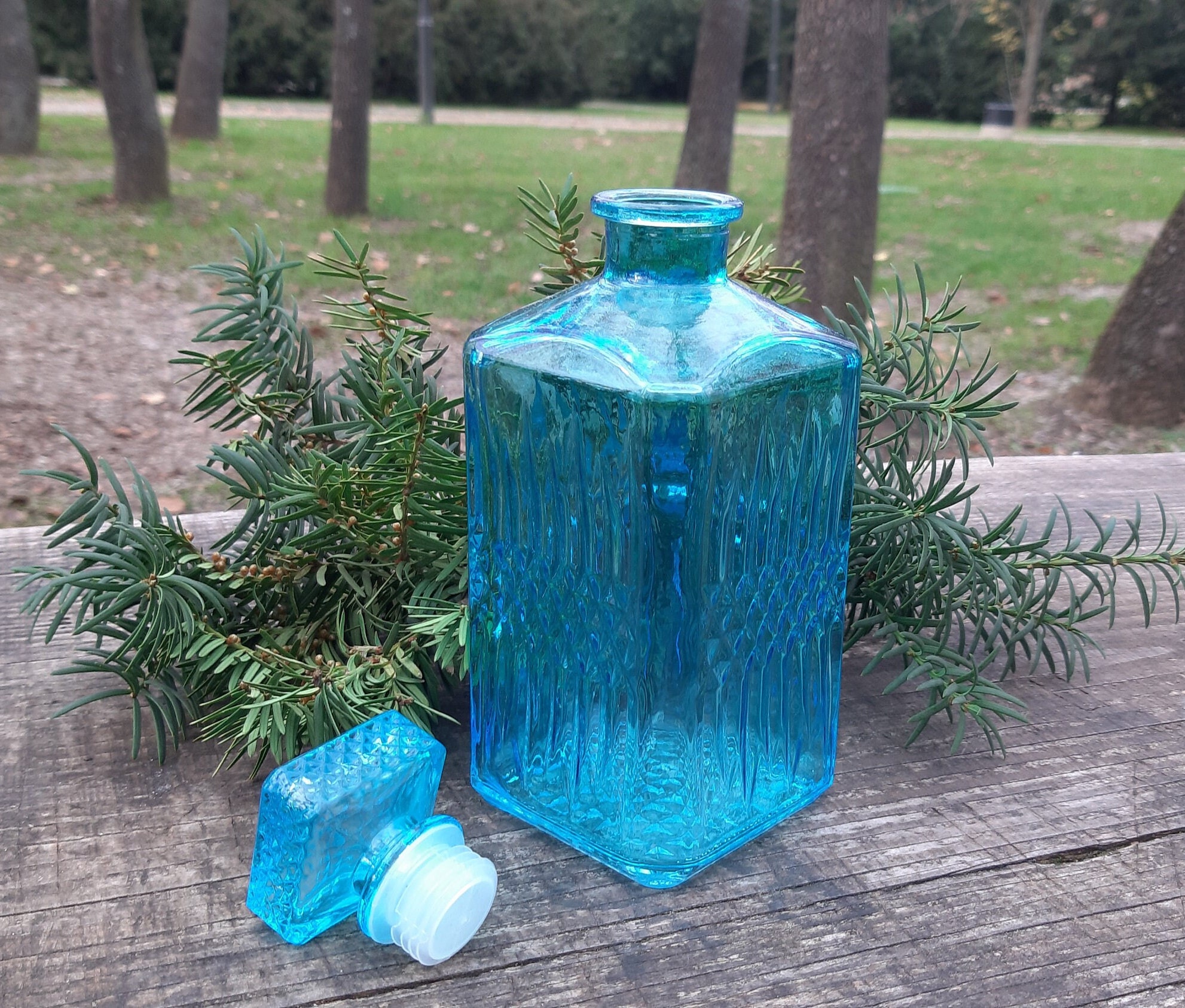 Vintage Blue Glass Whiskey Decanter, Coastal Carafe, Perfect for Beach ...