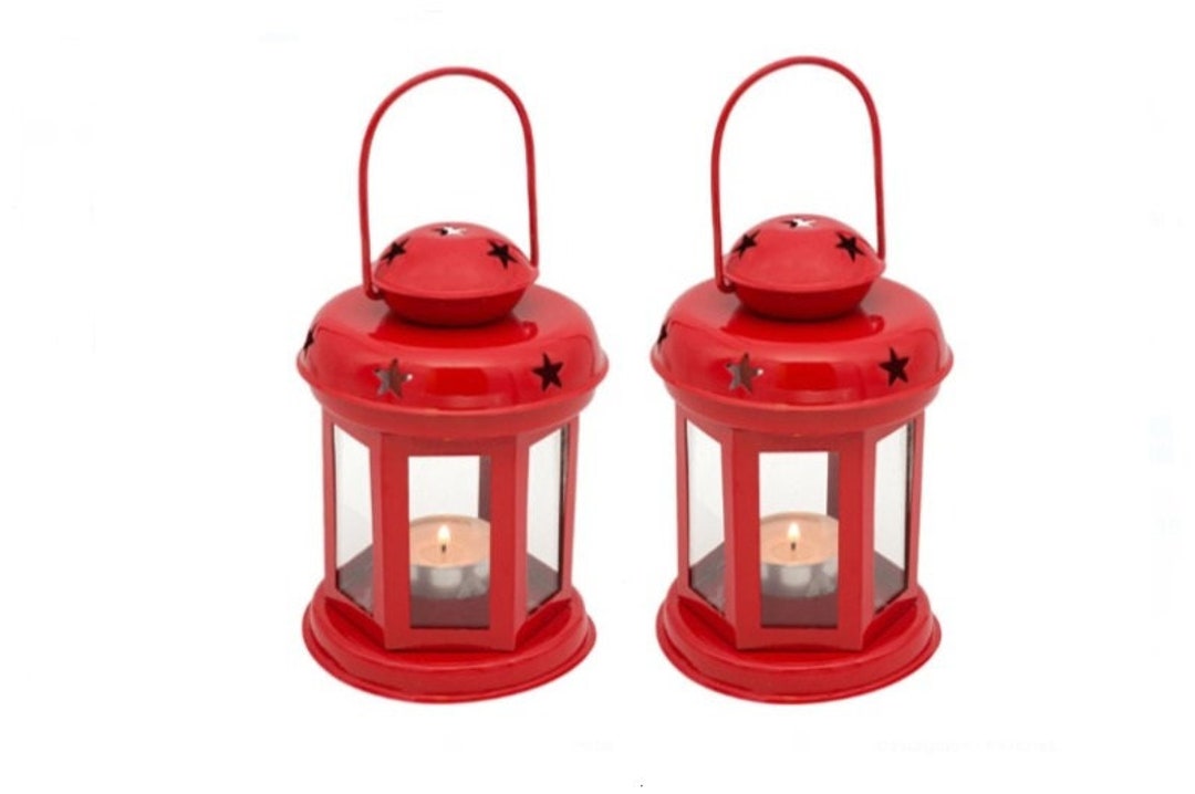 Red Christmas Lanterns Set of 2, Metal Lantern With Perforated Stars ...