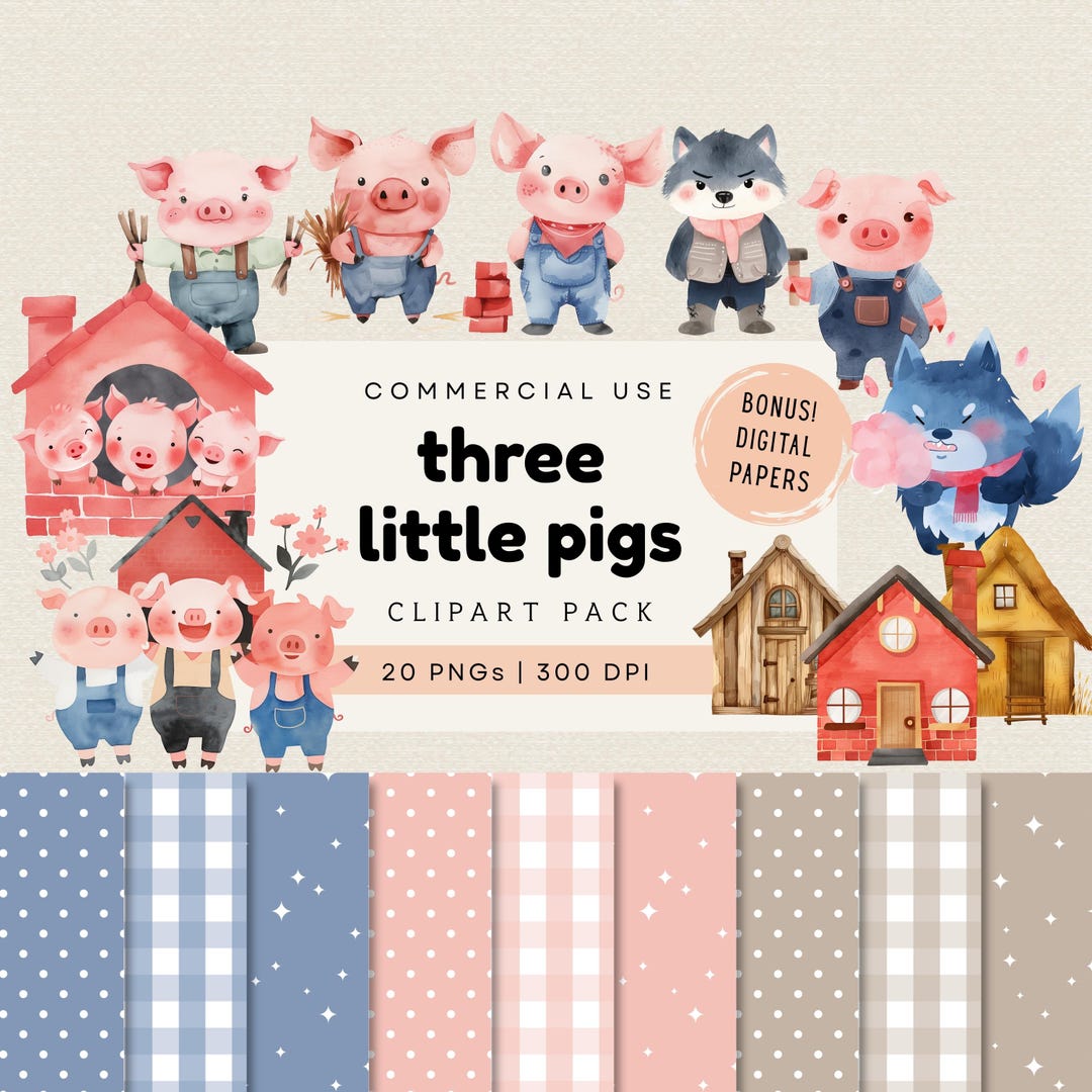 Watercolor 3 Little Pigs Clipart | Cute Three Little Pigs Clip Art ...