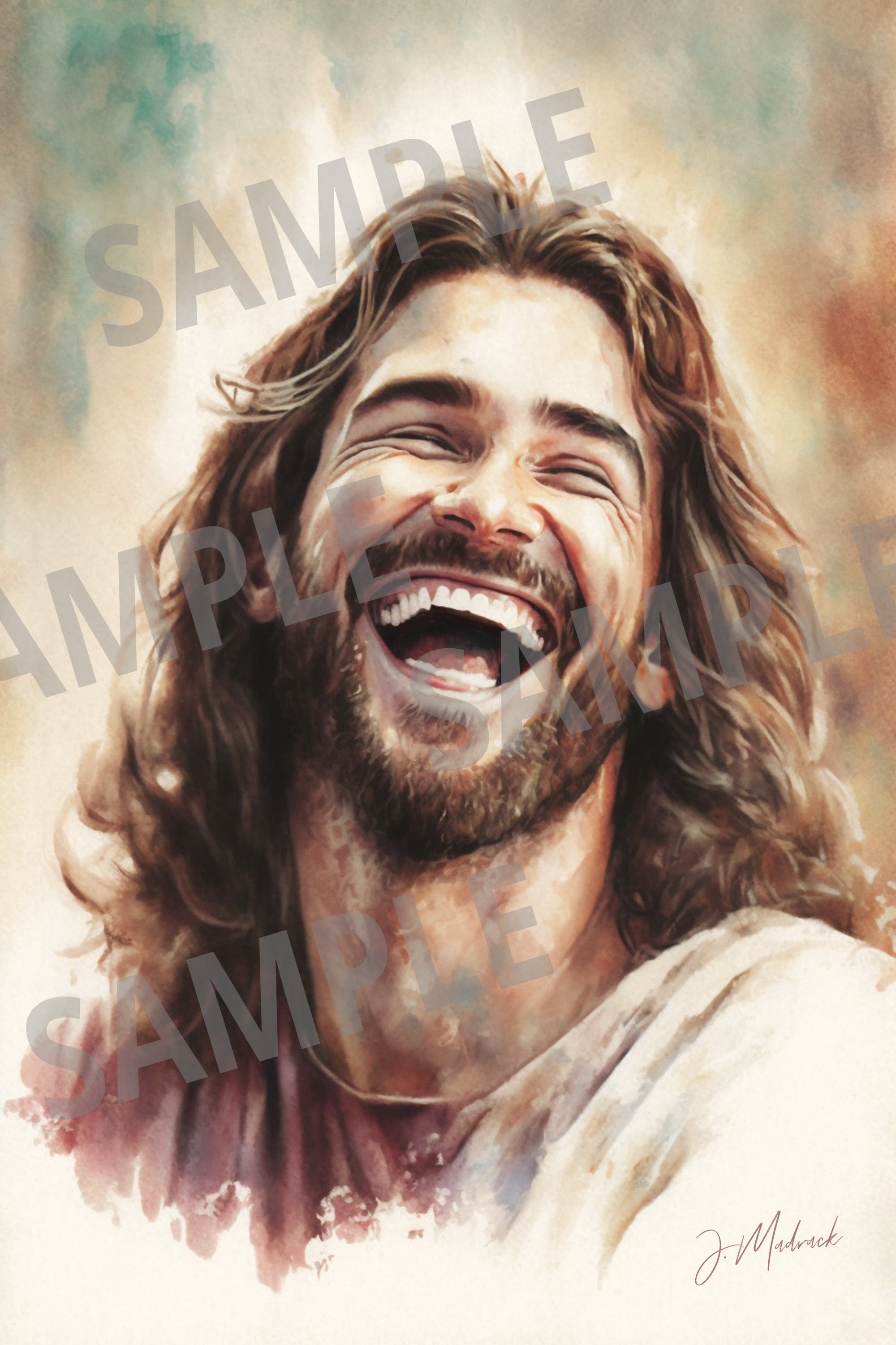 Printable Wall Art - Laughing Jesus Art - Religious Wall Art Download - Watercolor Painting of ...