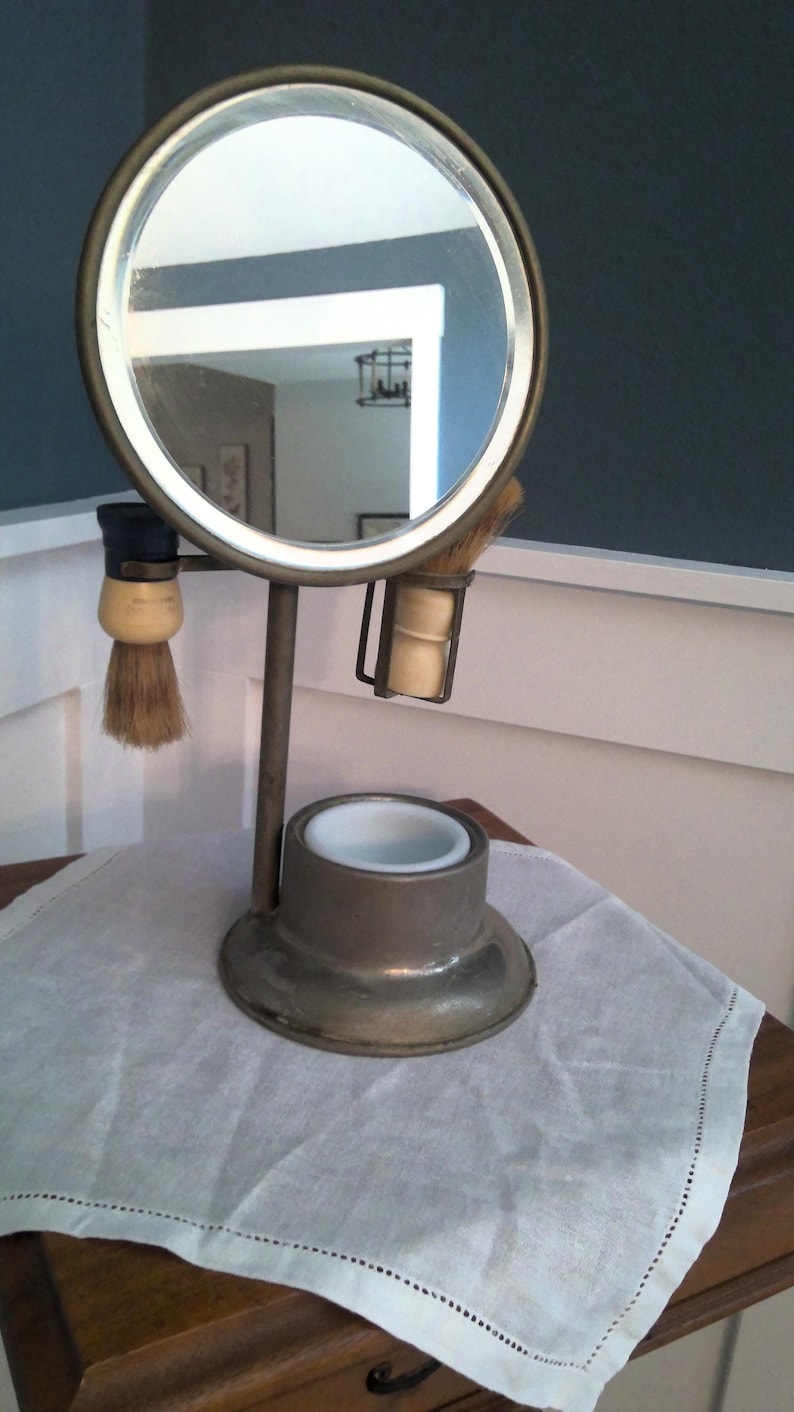 Vintage Antique Shaving Stand With Mirror, Glass Cup Brush, Brushes - Etsy