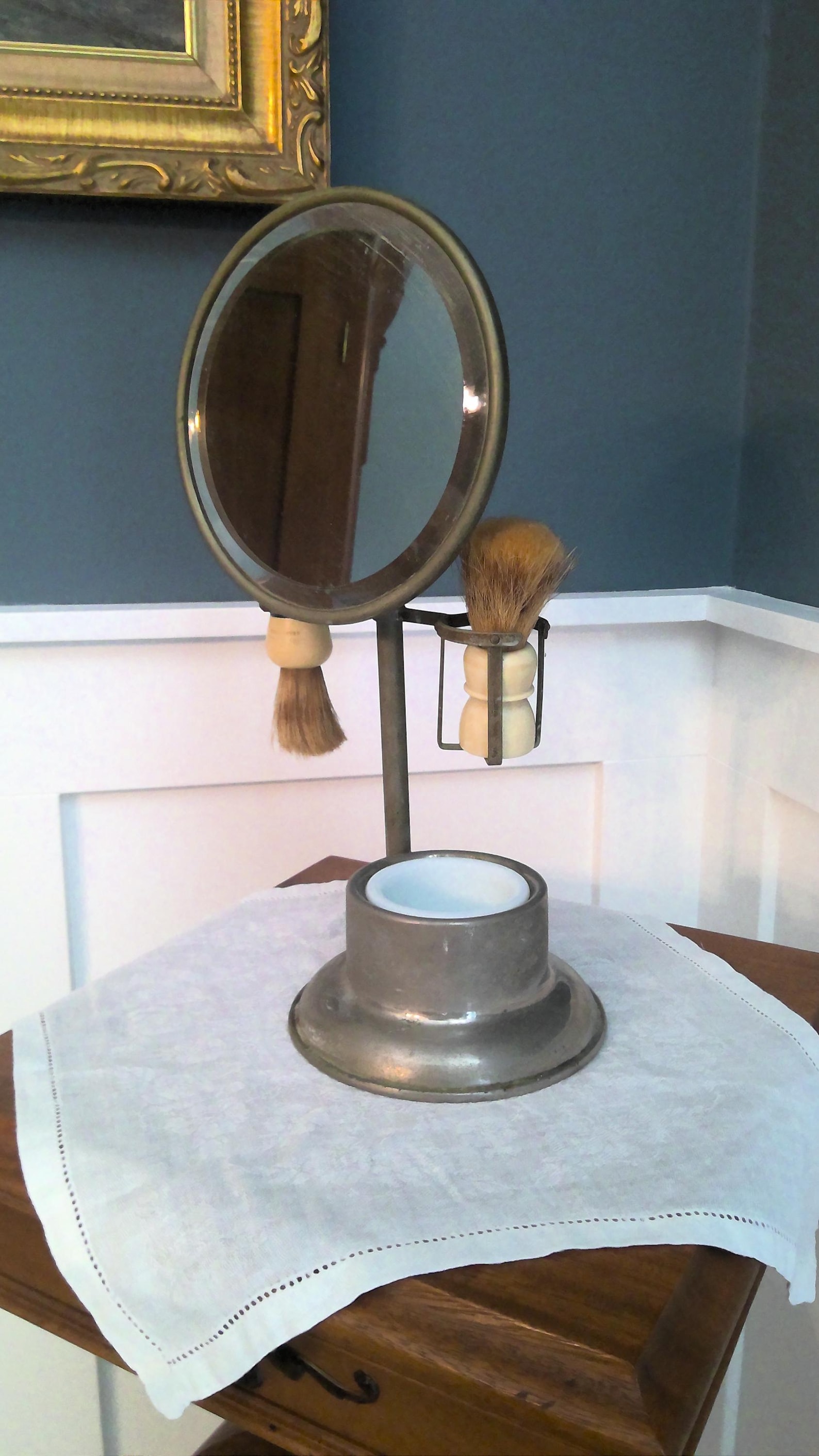 Vintage Antique Shaving Stand With Mirror, Glass Cup Brush, Brushes - Etsy