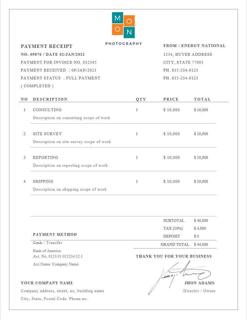 Professional Payment Receipt Templates With LOGO for Word Fully ...