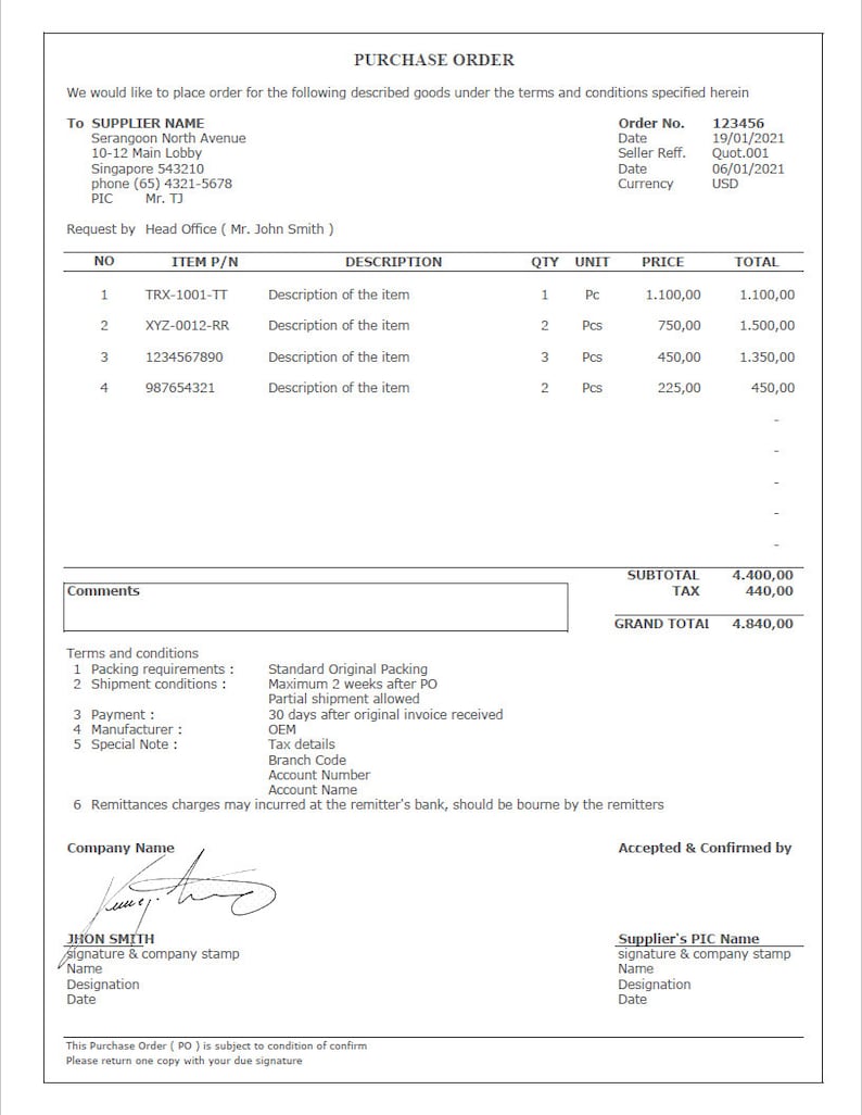 Professional Purchase Order Template With Short Description and No Logo ...