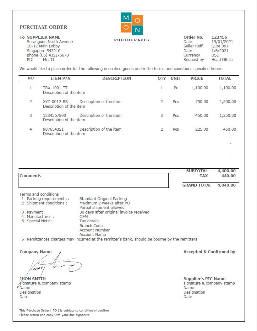 Professional Purchase Order Template With Long Description and Logo for ...
