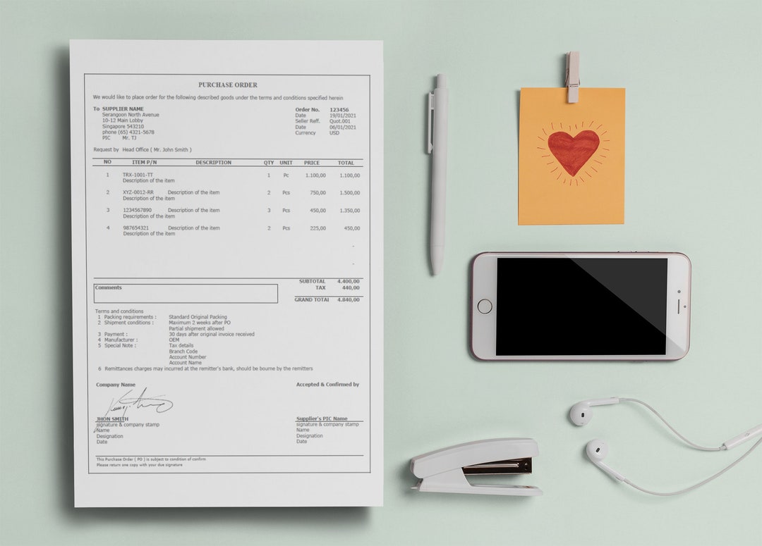 Professional Purchase Order Template With Long Description and No Logo ...