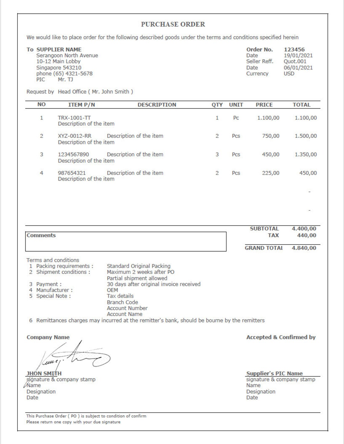 Professional Purchase Order Template With Long Description and No Logo ...