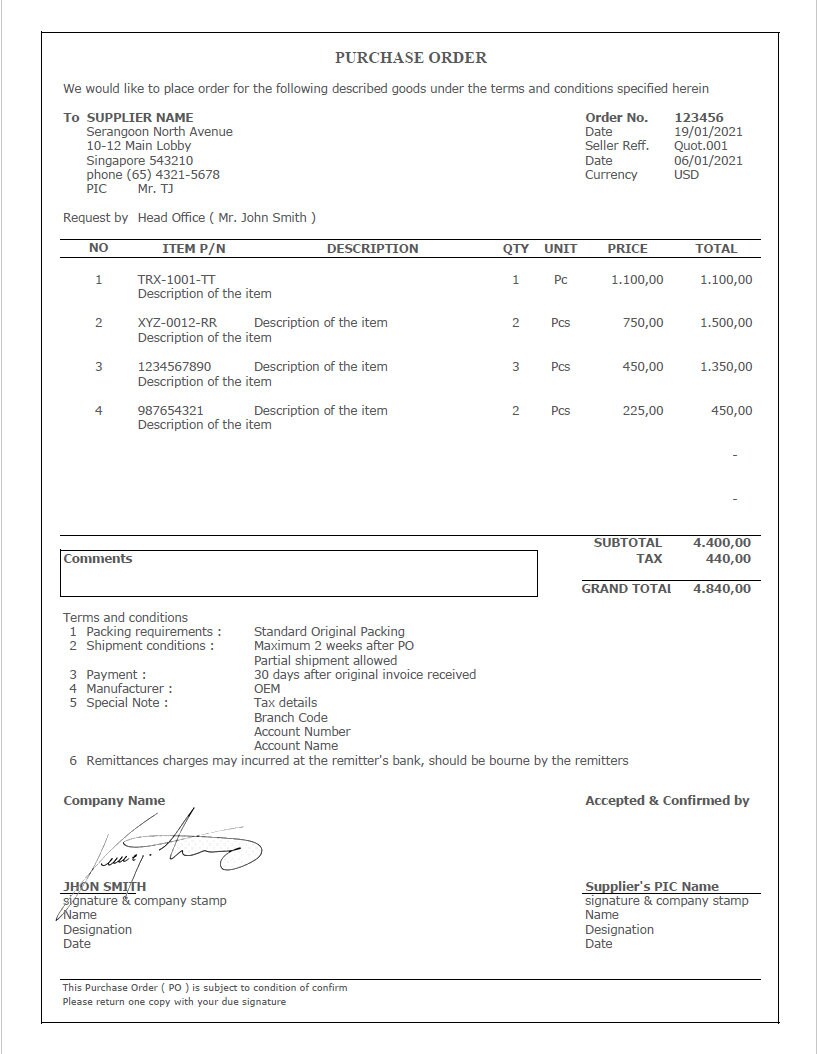 Professional Purchase Order Template With Long Description and No Logo ...