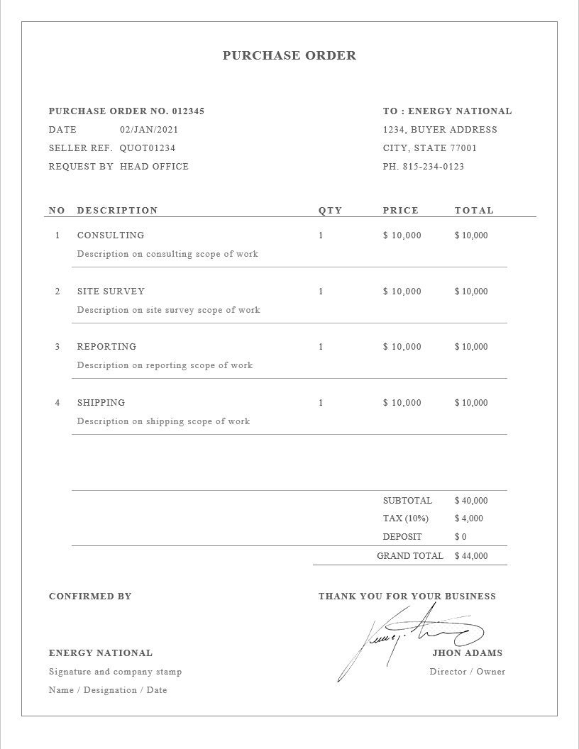 Professional Purchase Order Template With No Logo for Word - Etsy