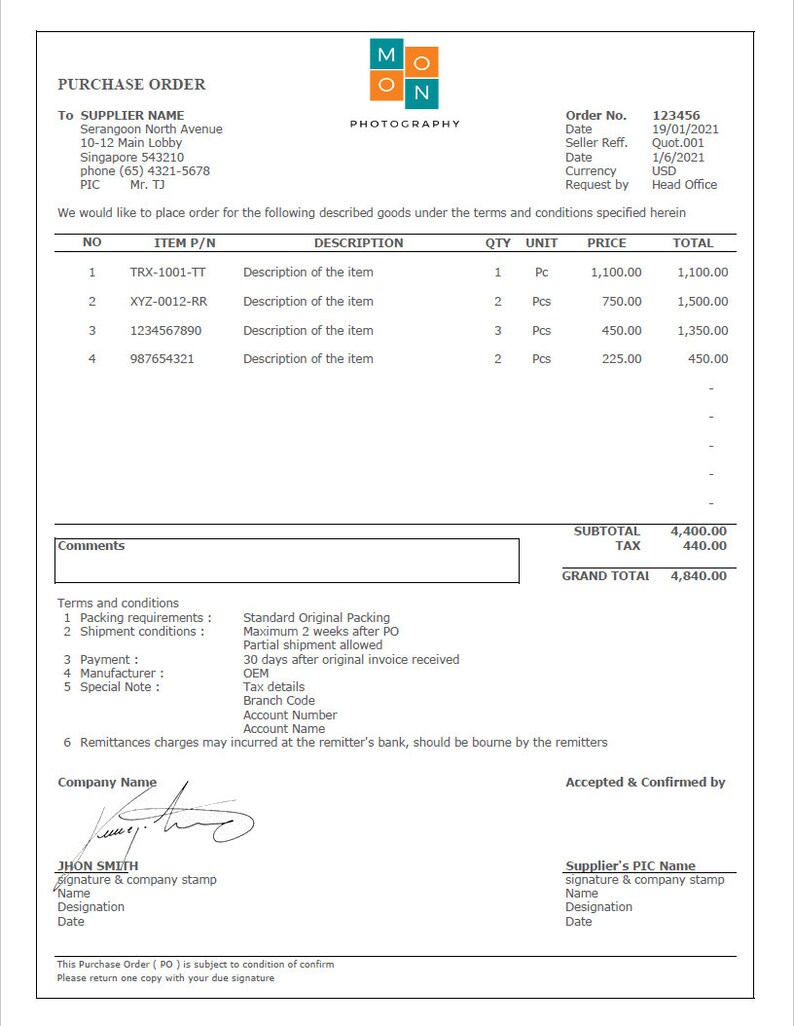 Professional Purchase Order Template With Short Description and Logo ...