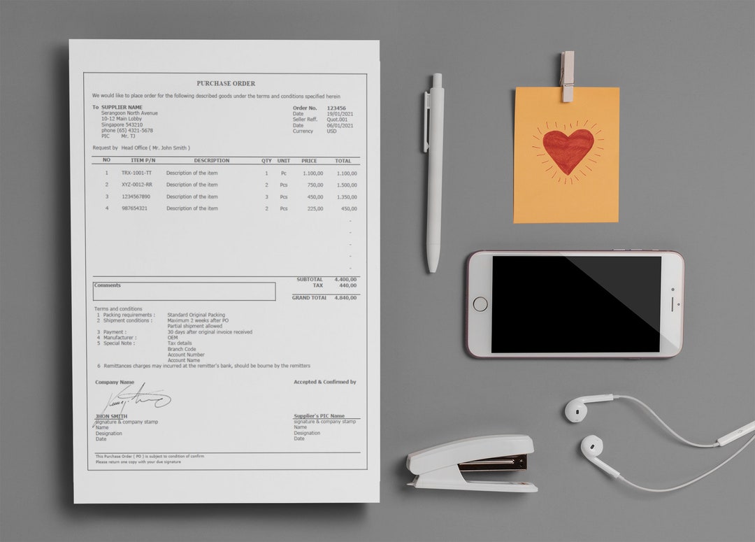 Professional Purchase Order Template With Short Description and No Logo ...