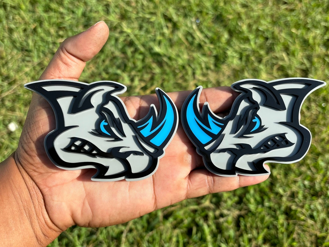 Light Blue Eyes and Horns Rhino Emblem Badge Set Glossy Black on Gray ...