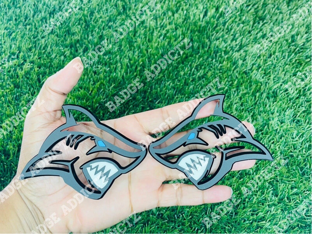 Shark Emblem Badge Set of 2 Blue Eye Matte Black on Glossy Aggressive ...