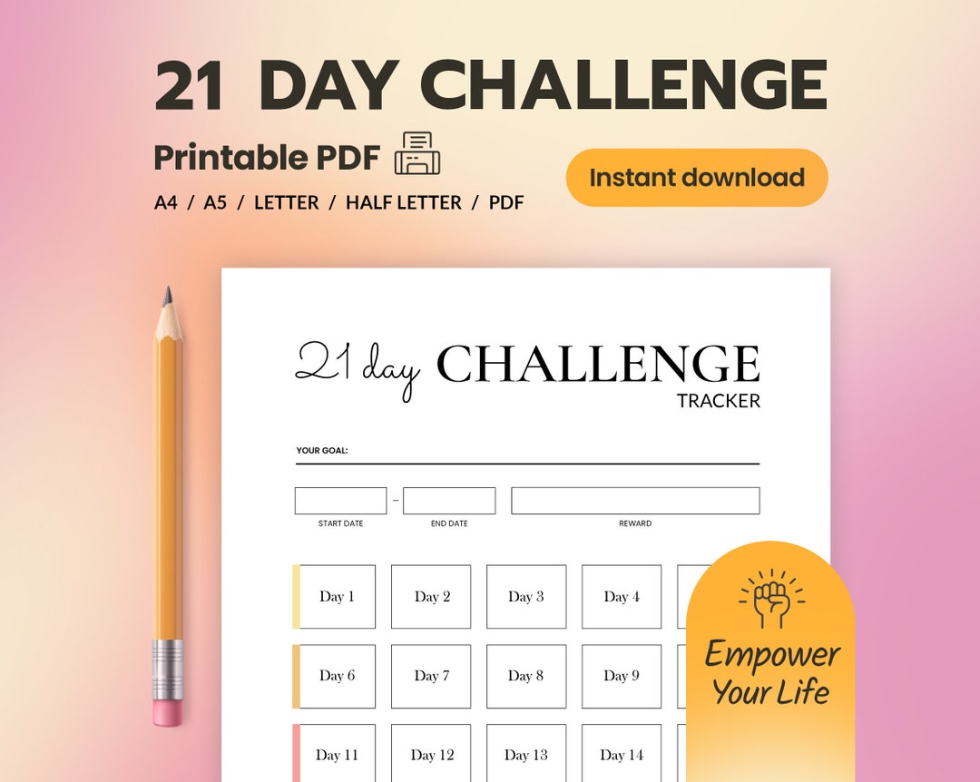 21 Day Challenge Tracker Printable I 21 Day Goal Progress Tracker ...