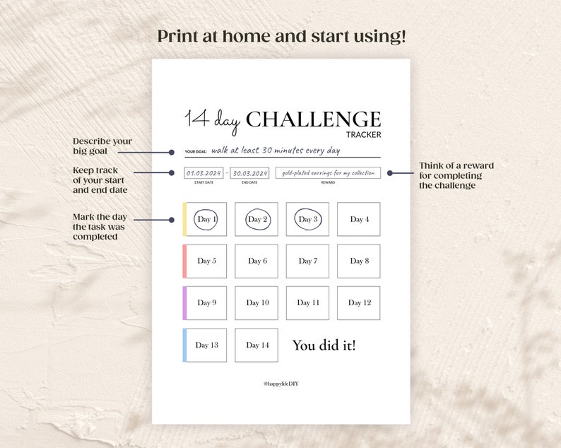 14 Day Challenge Tracker Printable I 14 Day Goal Progress Tracker ...