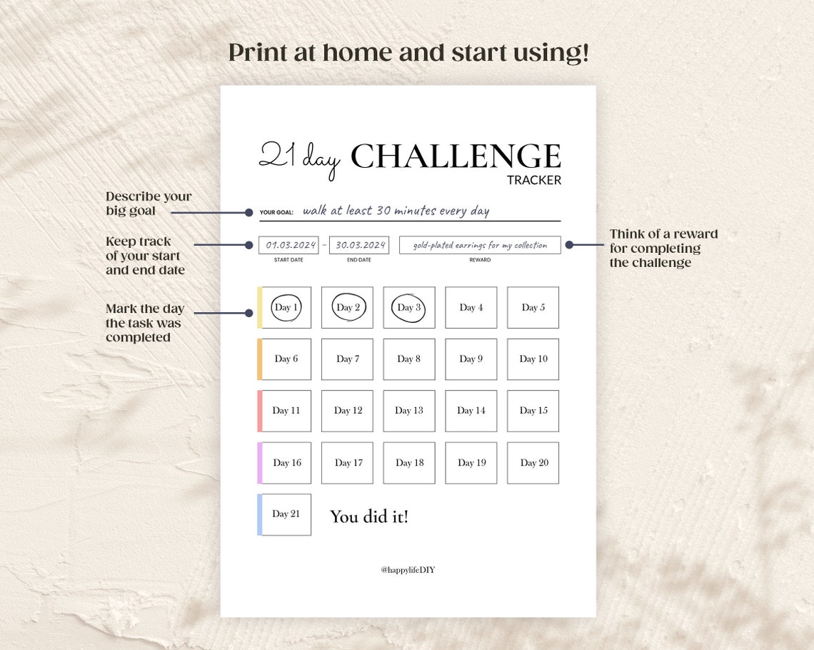 21 Day Challenge Tracker Printable I 21 Day Goal Progress Tracker ...