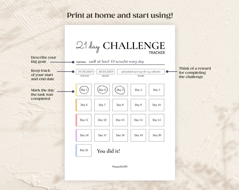 21 Day Challenge Tracker Printable I 21 Day Goal Progress Tracker ...