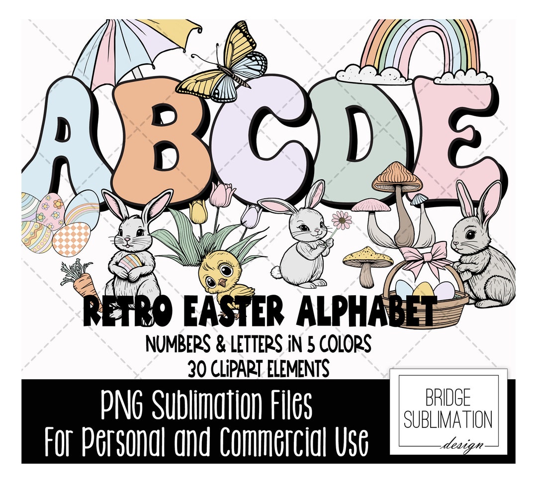 Retro Easter Doodle Alphabet PNG Bundle, Retro Easter Uppercase ...