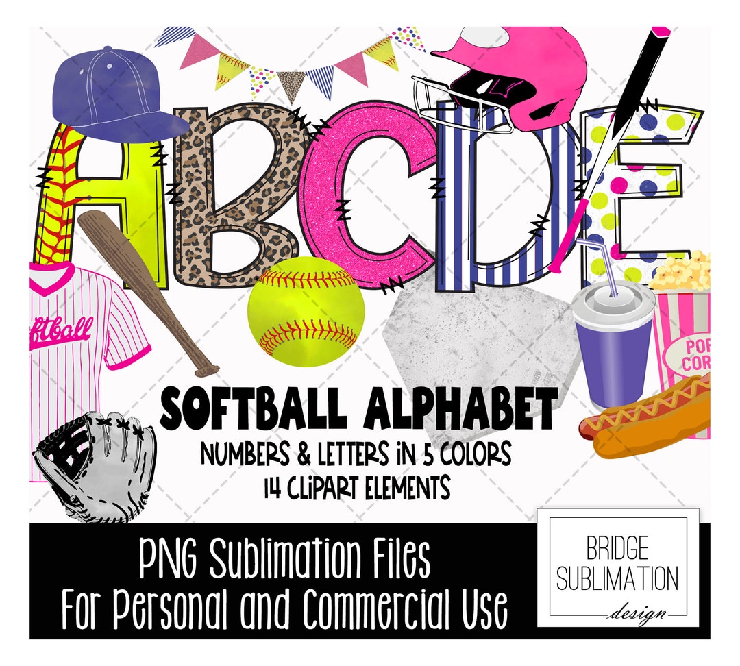 Softball Doodle Alphabet Bundle, Softball PNG Letters, Numbers ...
