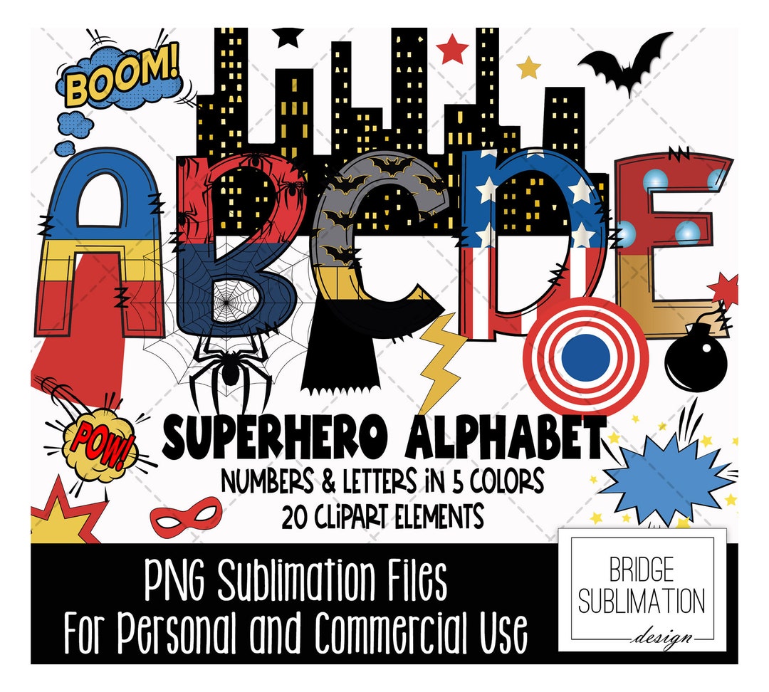 Superhero Doodle Alphabet Bundle, Superhero PNG Letters, Numbers ...