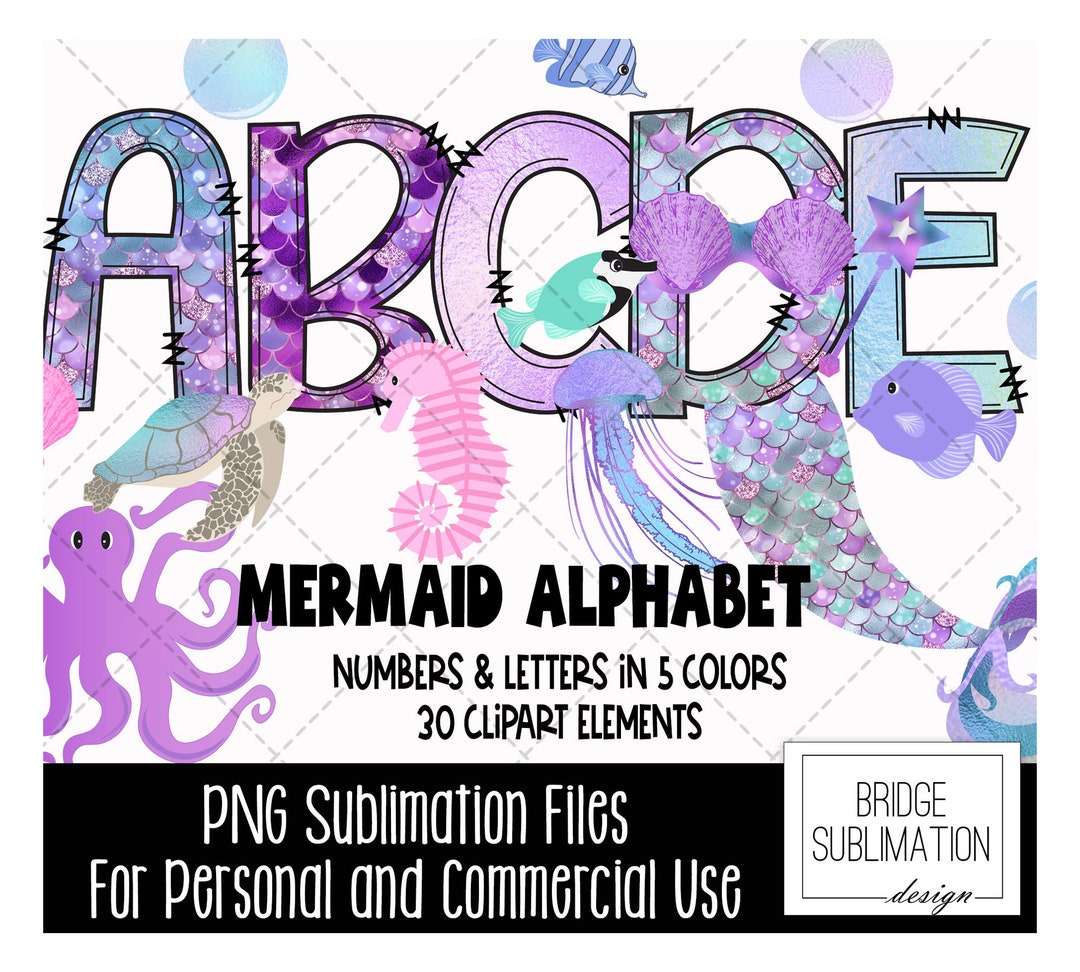 Mermaid Doodle Alphabet Bundle, Mermaid, PNG Letters, Numbers ...