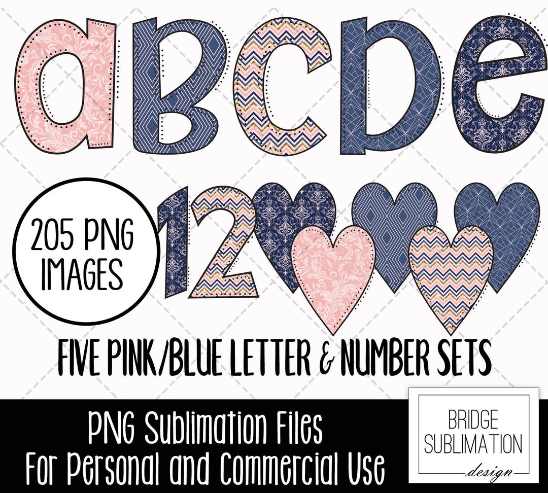 Doodle Letters Bundle, Pink Blue Floral Letters & Numbers, Pink Blue ...