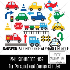 Transportation Doodle Alphabet Bundle, Vehicles PNG Letters, Numbers ...