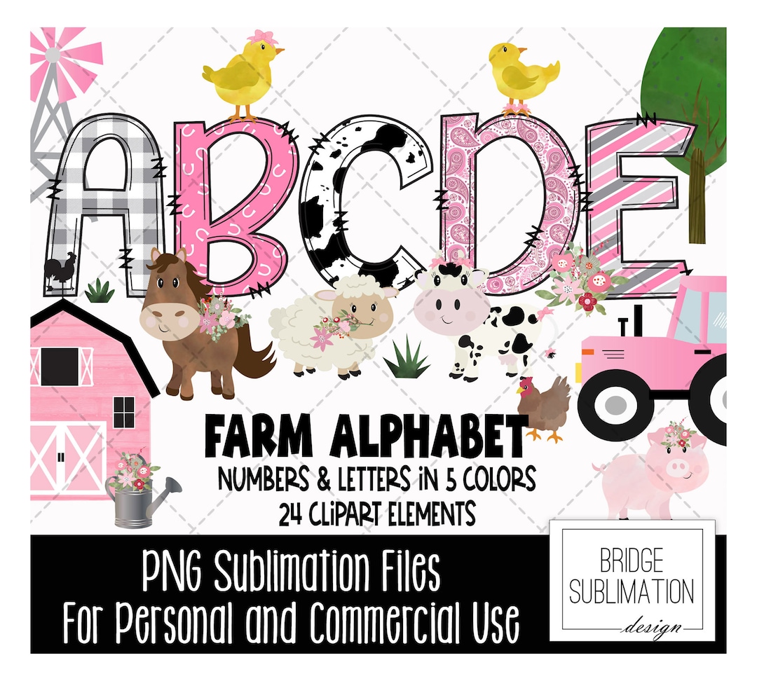 Farm Doodle Alphabet Bundle, Pink Farm Animal PNG Letters, Numbers ...
